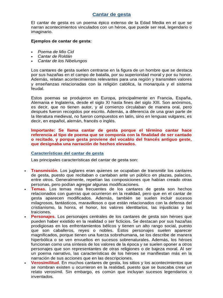 Cantar de Gesta CONTENIDO | PDF