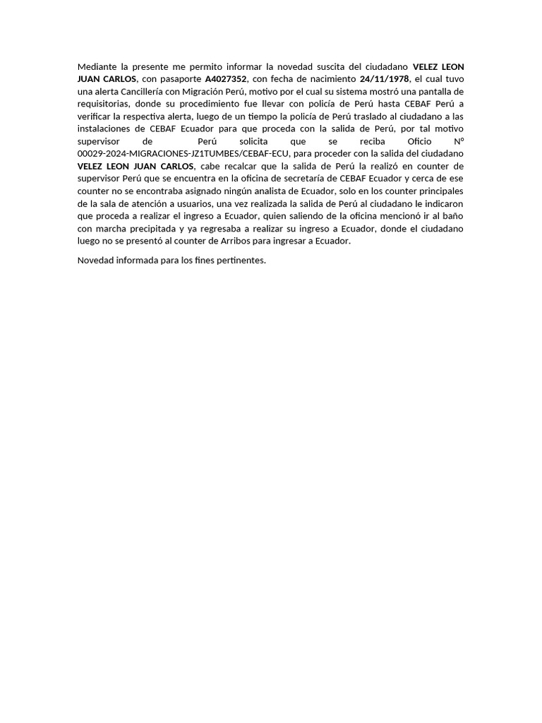 Mediante La Presente Me Permito Informar La Novedad Suscita Del ...