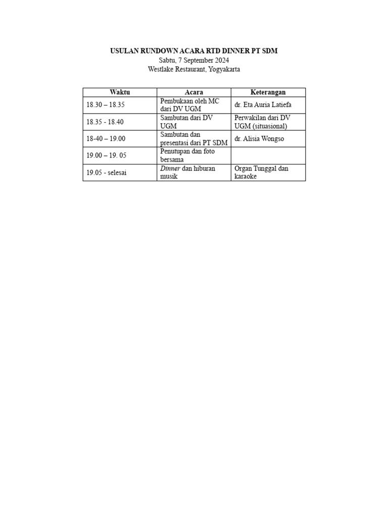 Usulan Rundown Acara RTD Dinner PT SDM | PDF