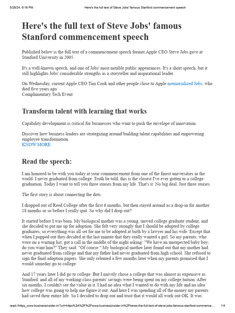 Here's The Full Text of Steve Jobs' Famous Stanford Commencement Speech ...