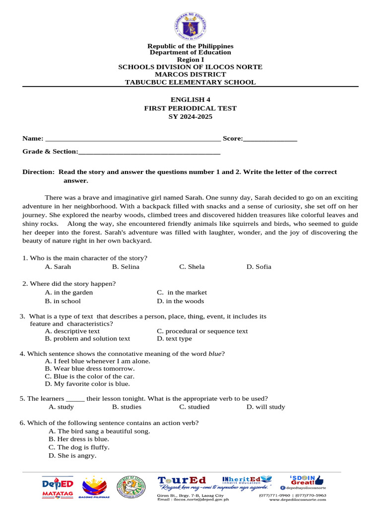 English 4 First Periodical Test 2024-2025 | PDF | Narration