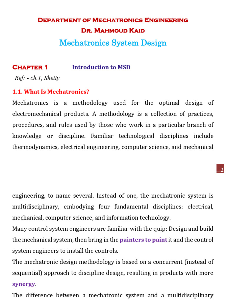 Mechatronics System Design: Department of Mechatronics Engineering Dr ...