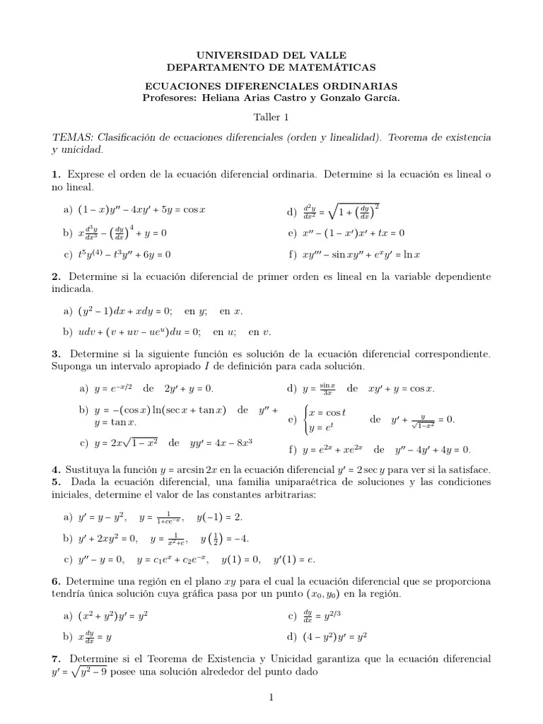 Taller Ecuaciones Diferenciales 1 | PDF