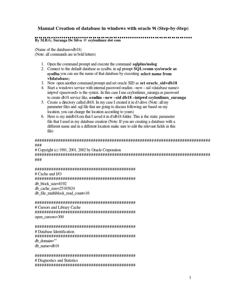 Manual Creation of Database in Windows With Oracle9i | PDF