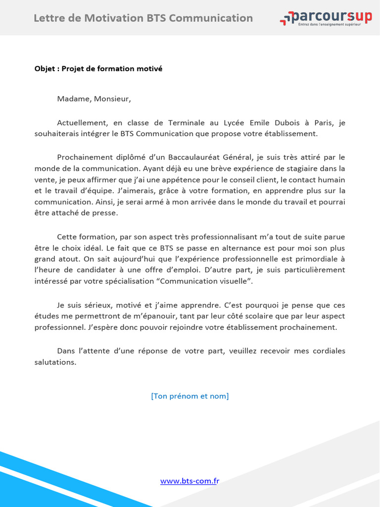 Exemple Lettre Motivation Parcoursup Bts Communication | PDF
