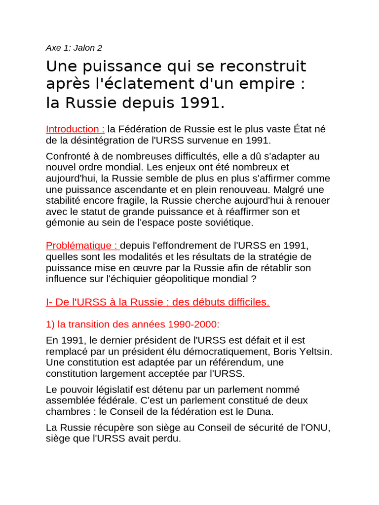 HGGSP - Les Puissances - La Russie Depuis 1991. | PDF