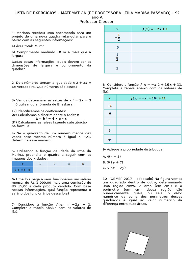 Lista de Exercícios 9ºa - Mat | PDF