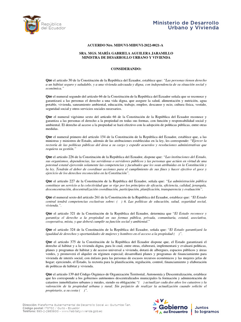Acuerdo - Ministerial - Miduvi Miduvi 2022 0021 A0986657001671728487 | PDF