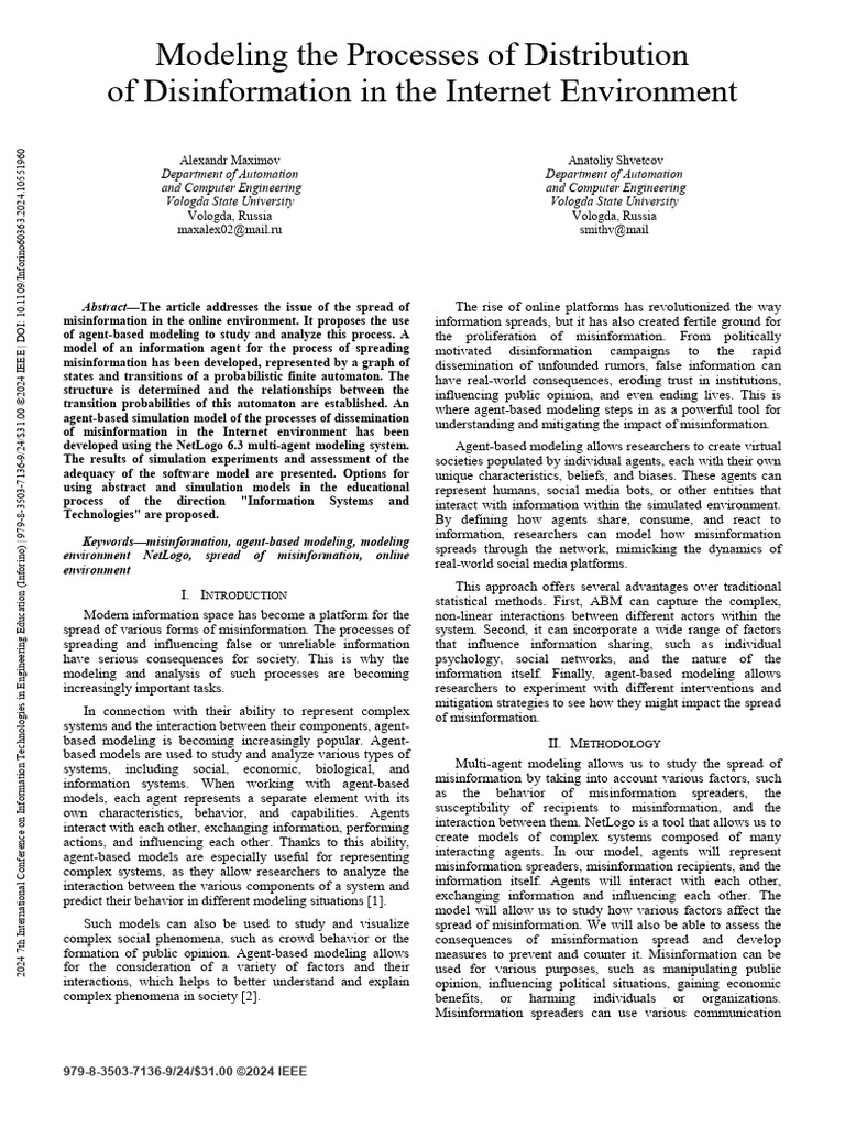Modeling The Processes of Distribution of Disinformation in The Internet Environment | PDF