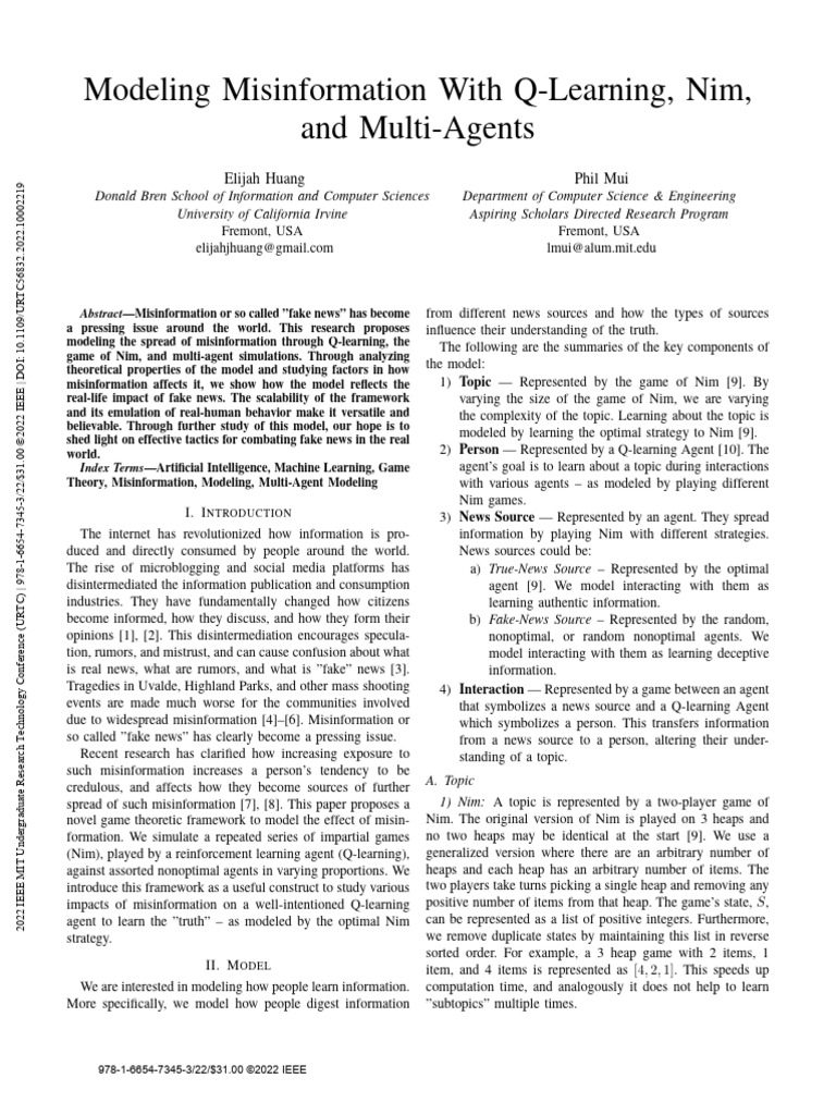 Modeling Misinformation With Q-Learning, Nim, and Multi-Agents | PDF