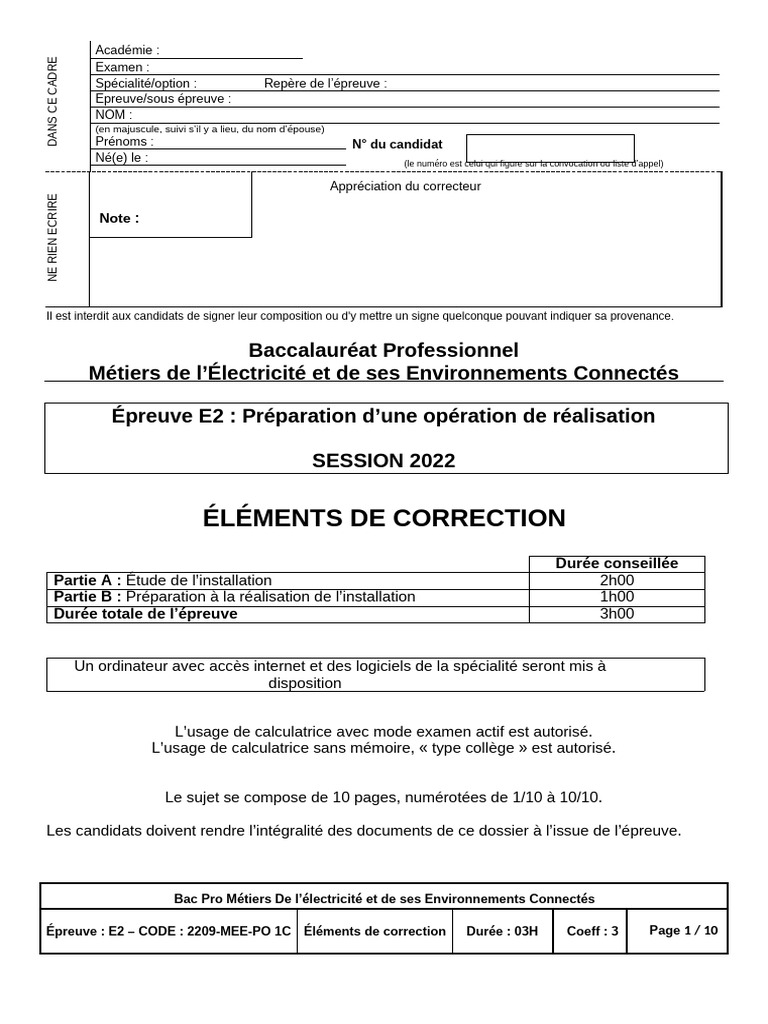 Epreuve E2 Metropole Bac Pro Melec Septembre 2022 Elements de Correction | PDF