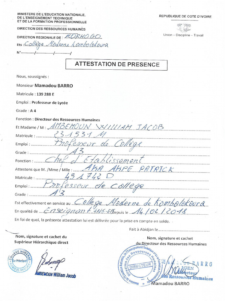 Certificat de Presence | PDF