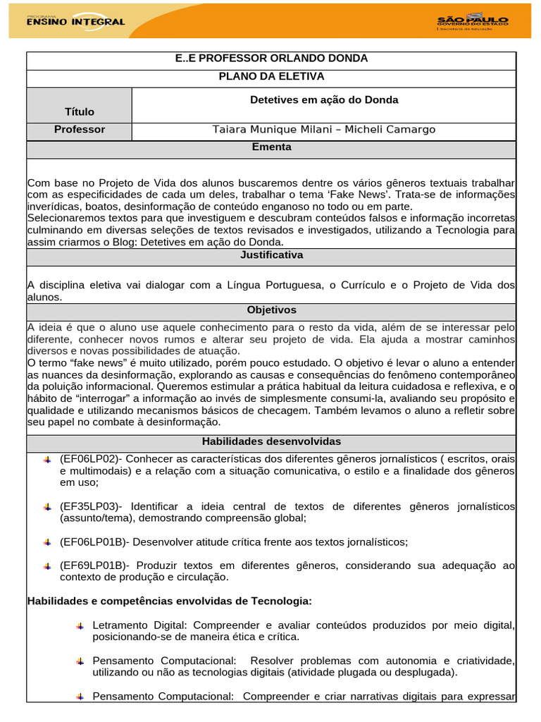 Plano de Eletiva 2021 - Taiara Milani e Micheli Camargo | PDF