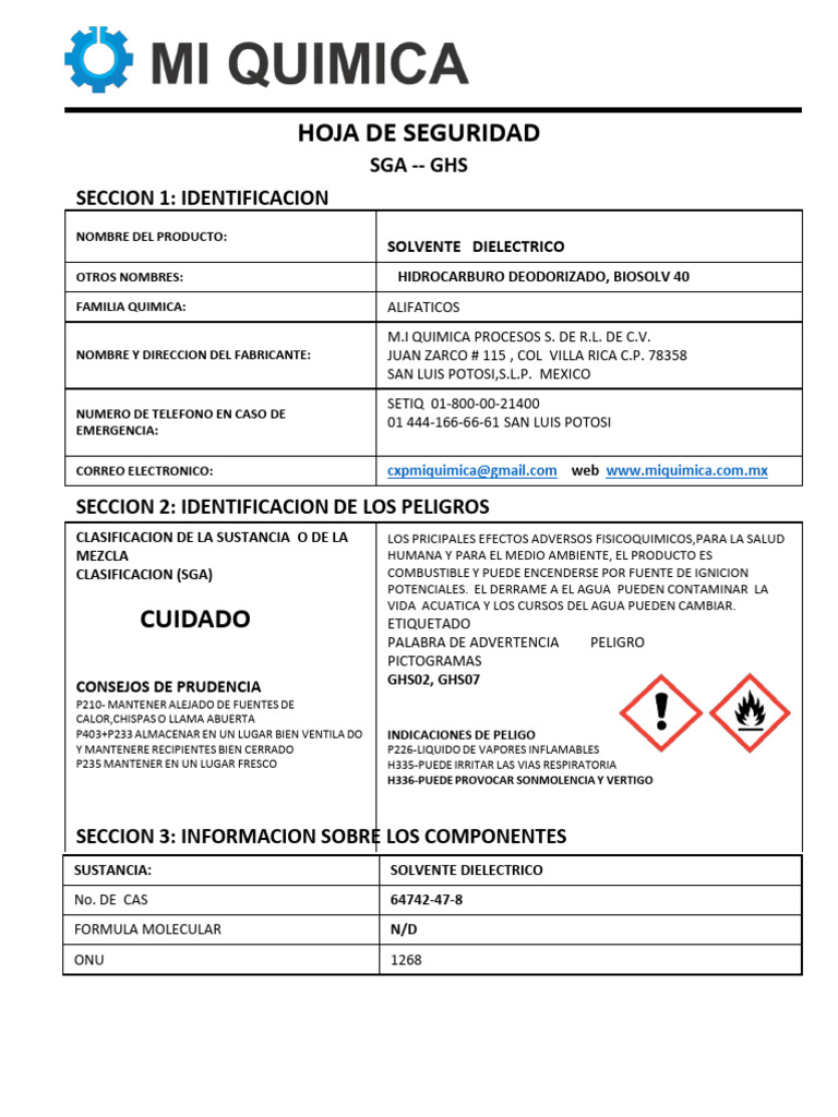 Hoja de Seguridad SOLVENTE DIELECTRICO | PDF