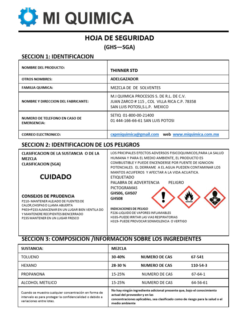 Hoja de Seguridad Thinner STD (Sga) | PDF