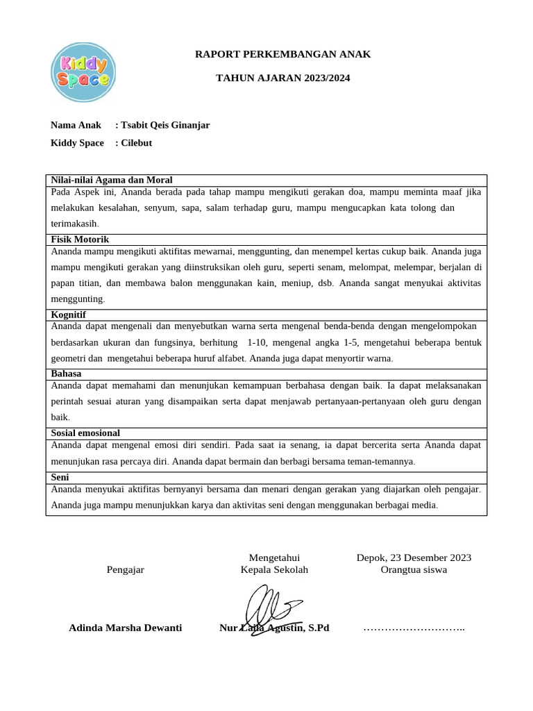 Rapot Prescchool Cilebut | PDF