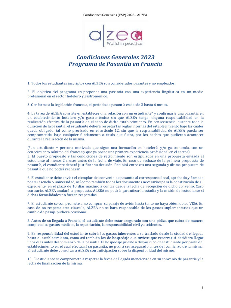 Condiciones Pasantía ALZEA 2023 | PDF | Póliza de seguros