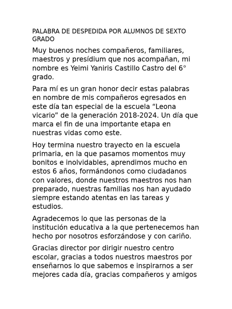 Palabra de Despedida Por Alumnos de Sexto Grado | PDF