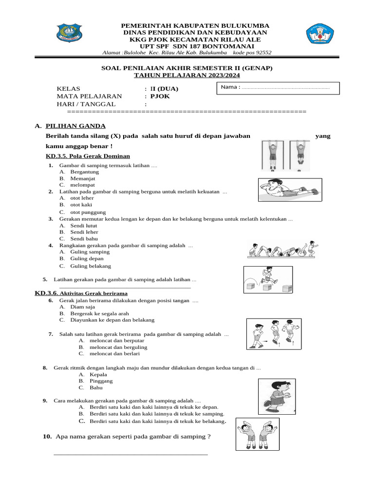 Soal Pjok Sem. 2 Kls. 2 Tp. 2023-2024 | PDF