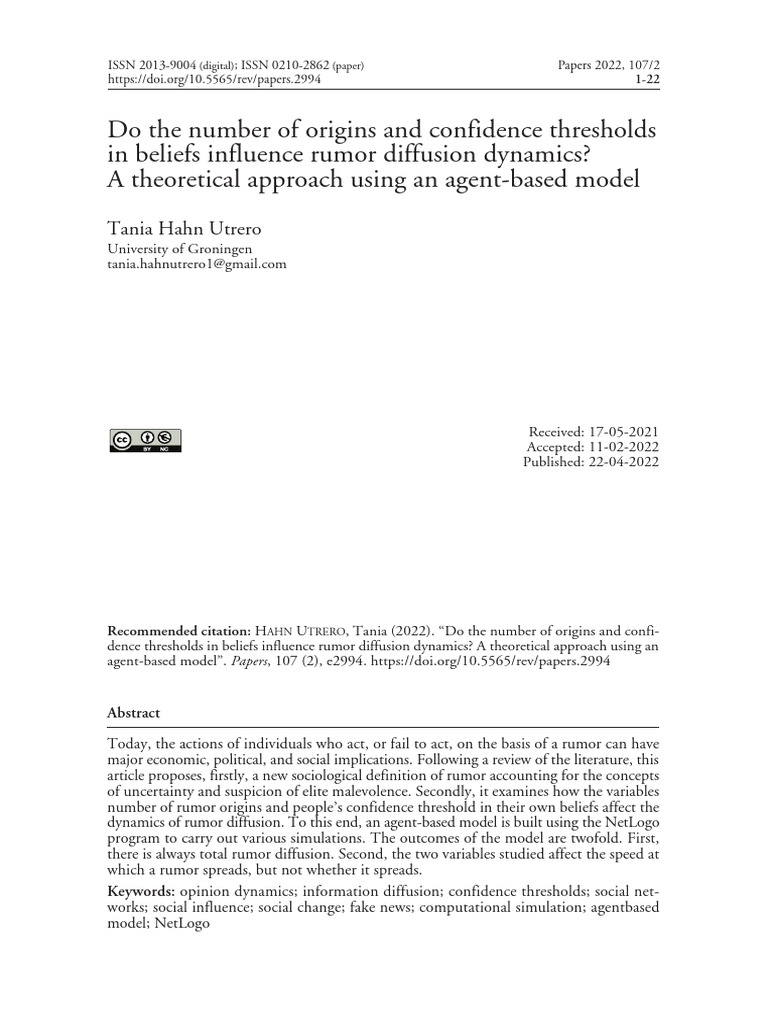 Do The Number of Origins and Confidence Thresholds in Beliefs Influence Rumor Diffusion Dynamics ...