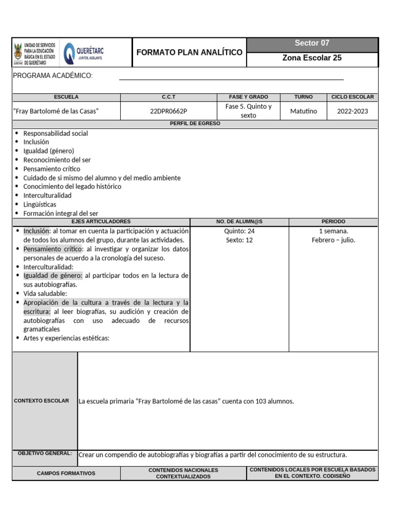 PLAN ANALITICO Quinto-Sexto | PDF