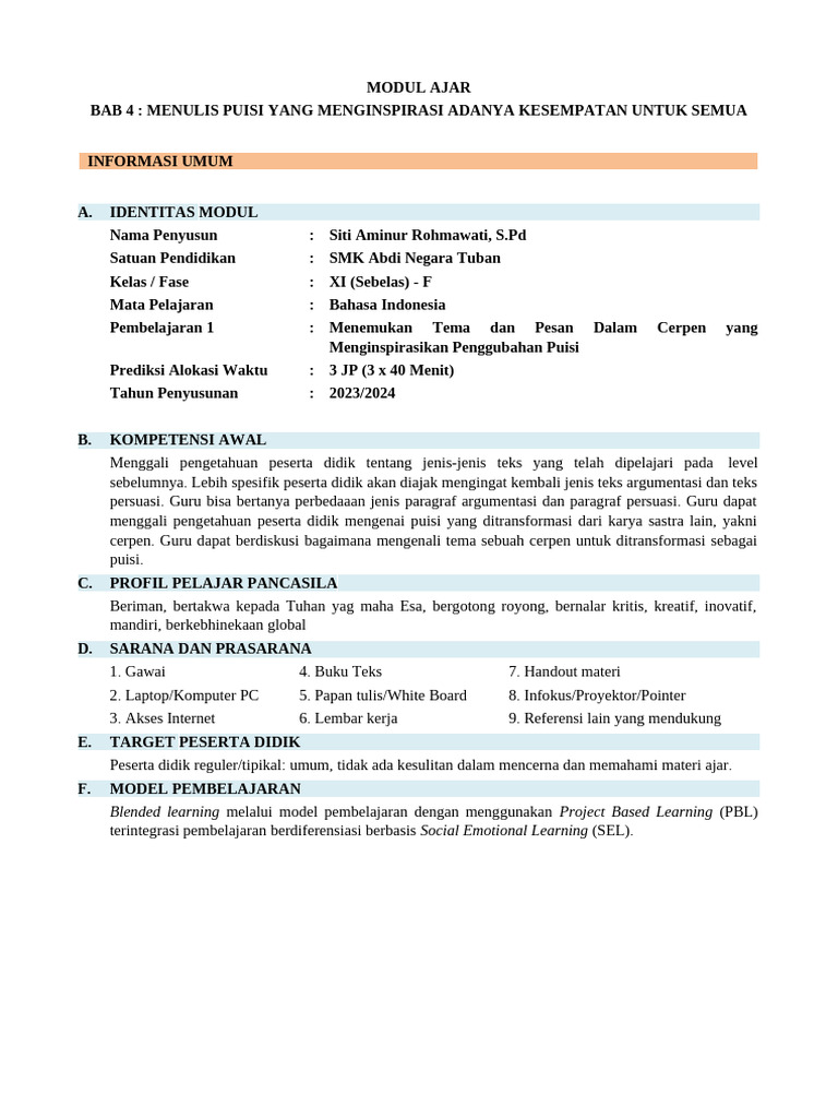 Bab 4 Puisi Yang Menginspirasi Adanya Kesempatan Untuk Semua | PDF