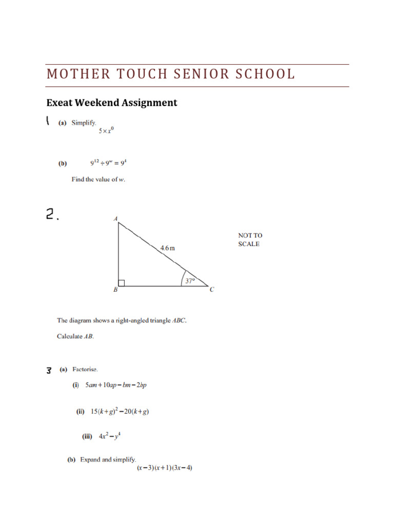 Mother Touch Senior School: Exeat Weekend Assignment | PDF