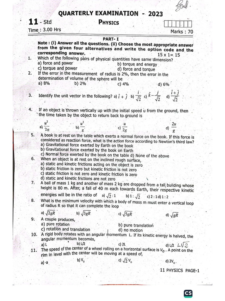 11Std Physics Quarterly Exam Q. Papers | PDF