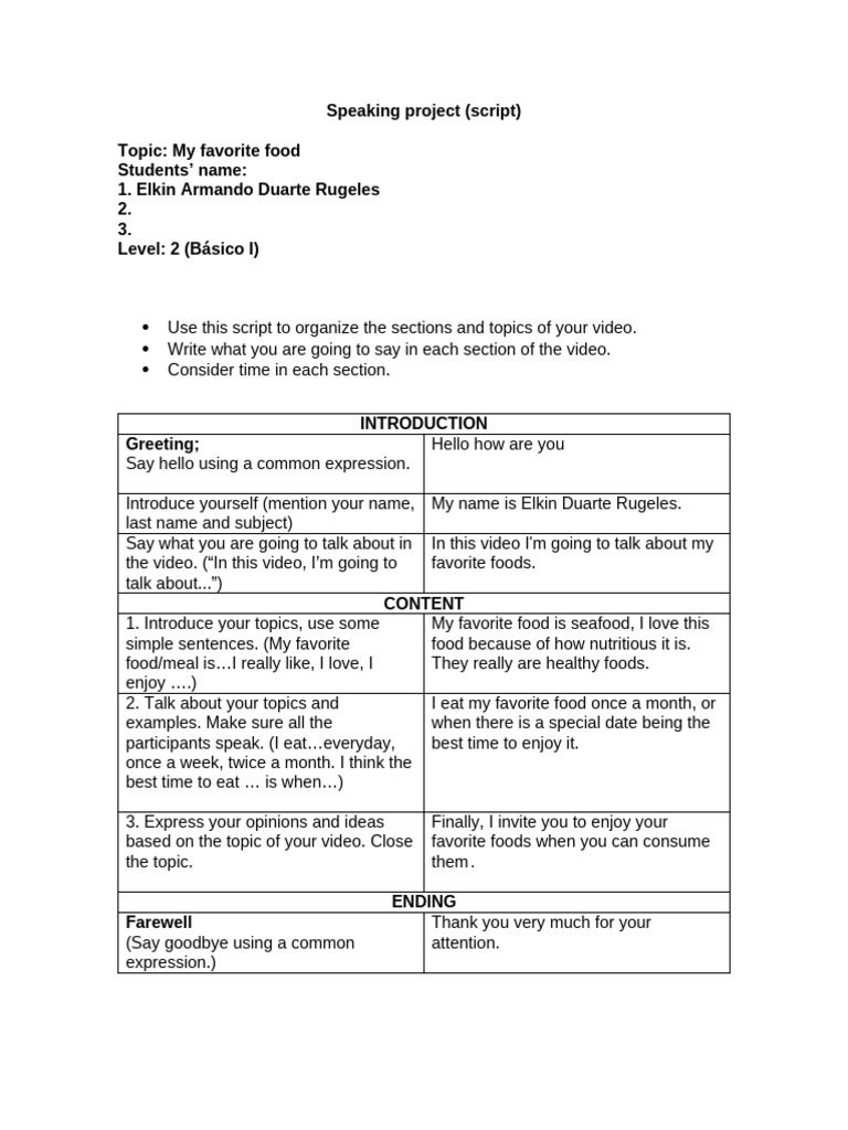 Speaking Project (Script) - Level - 2 - Elkin Duarte | PDF