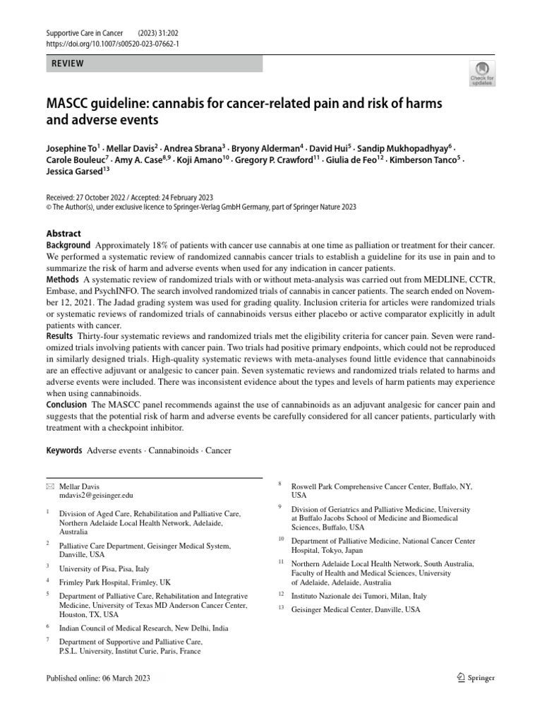 REVIEW MASCC Guideline Cannabis For Cancer Related Pain and Risk of ...