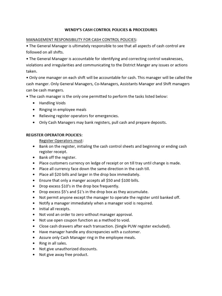 Wendy's Cash Handling Policy | PDF