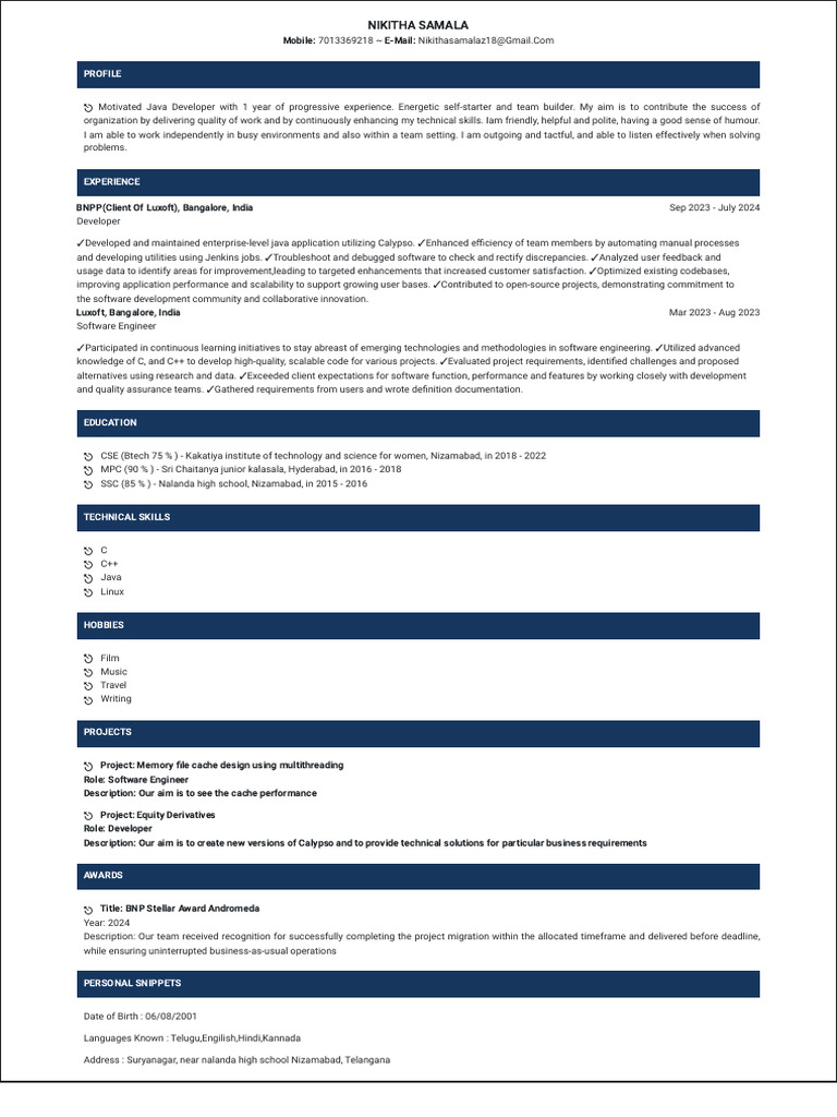 Nikitha Resume | PDF