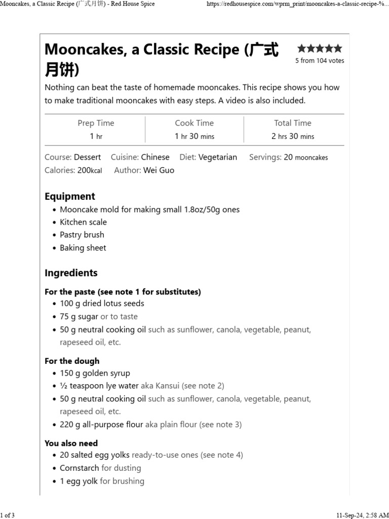 Traditional Cantonese Mooncake Recipe | PDF | Fat | Cooking, Food & Wine