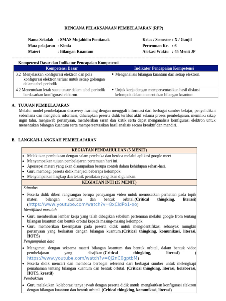 RPP 1 Bilangan Kuantum Pertemuan Ke6 Ful | PDF | Karier & Perkembangan ...