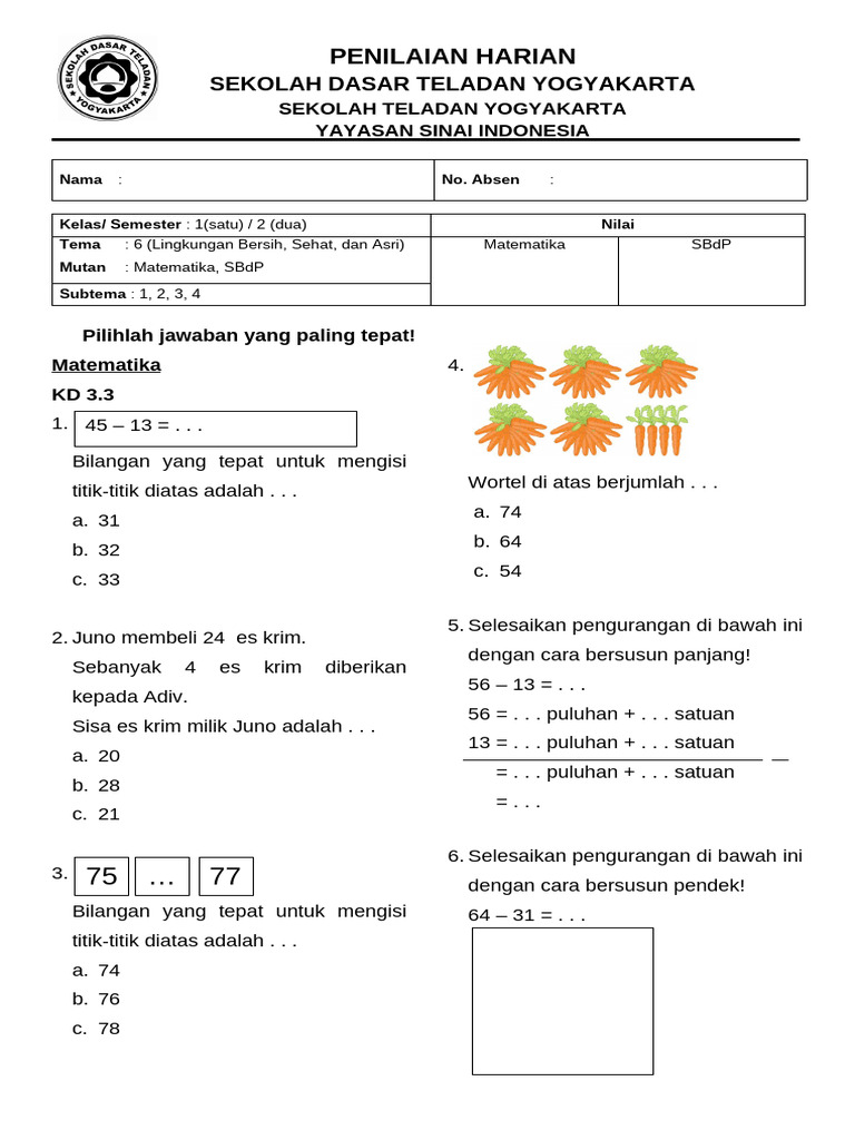 SOAL UH TEMA 6 (MTK-SBDP) | PDF