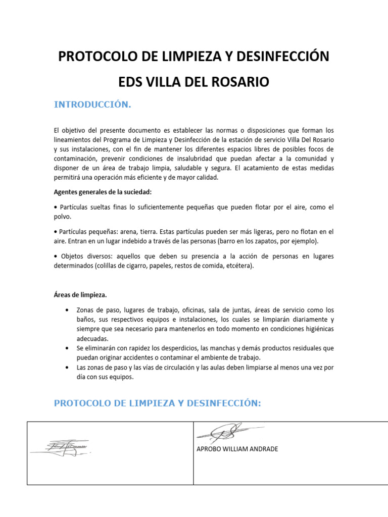 PROTOCOLO DE LIMPIEZA Eds VIlla Del Rosario | PDF