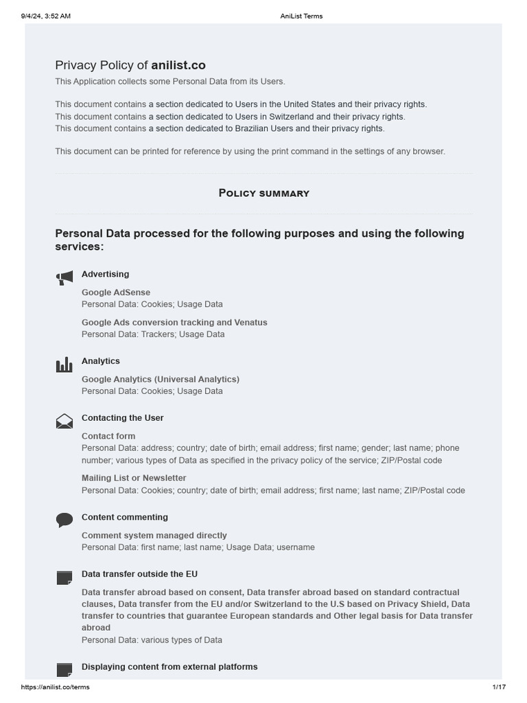 AniList Terms of Privacy | PDF