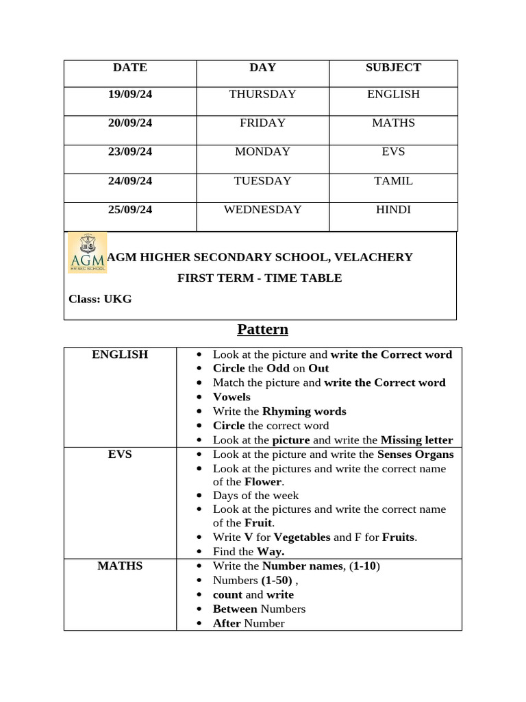 Ukg TIME TABLE 1st Term 24 25 | PDF