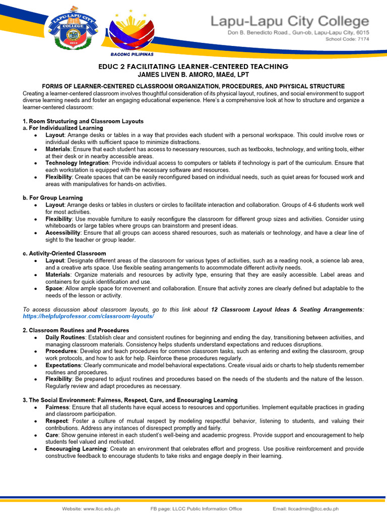 III. Forms of Learner-Centered Classroom Organization, Procedures, and Physical Structure | PDF ...