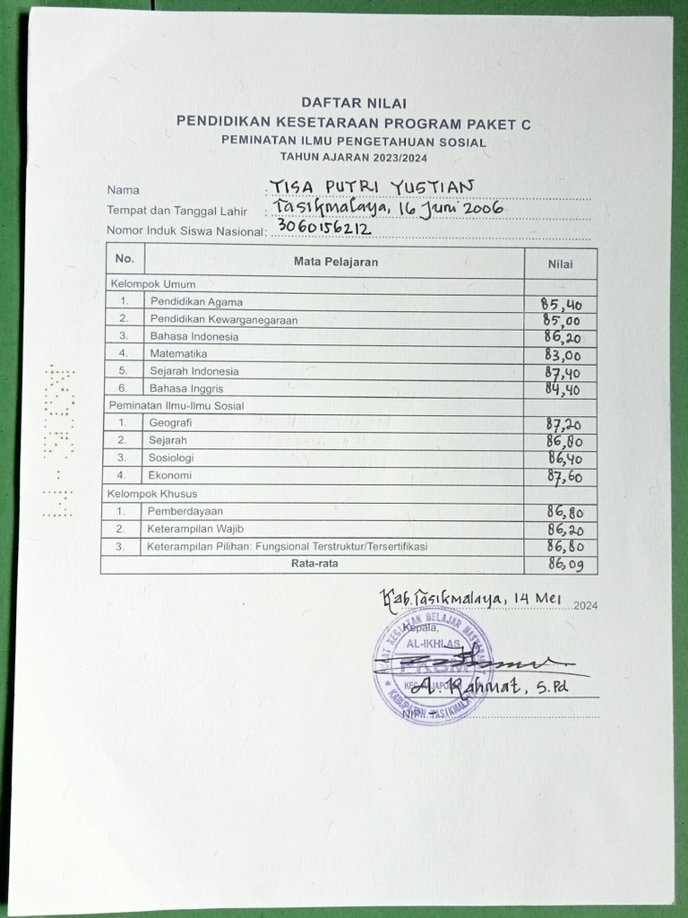 Transkrip Nilai Slta | PDF