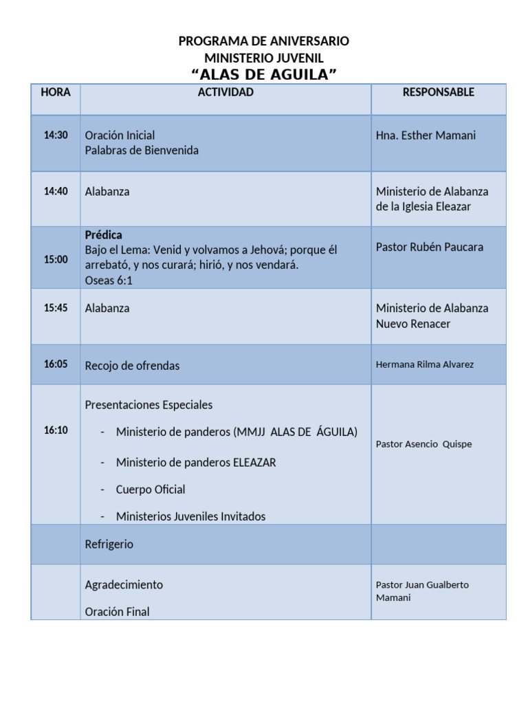 Programa de Aniversario MMJJ | PDF