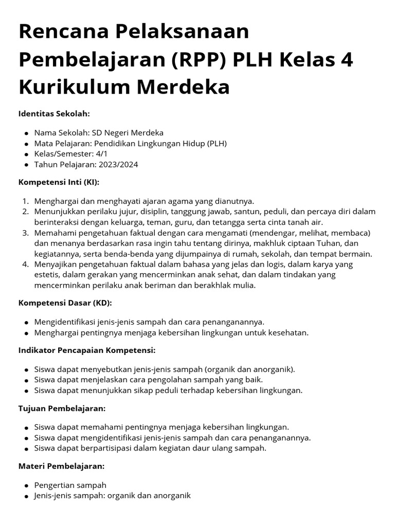 Rencana Pelaksanaan Pembelajaran (RPP) PLH Kelas 4 Kurikulum Merdeka | PDF