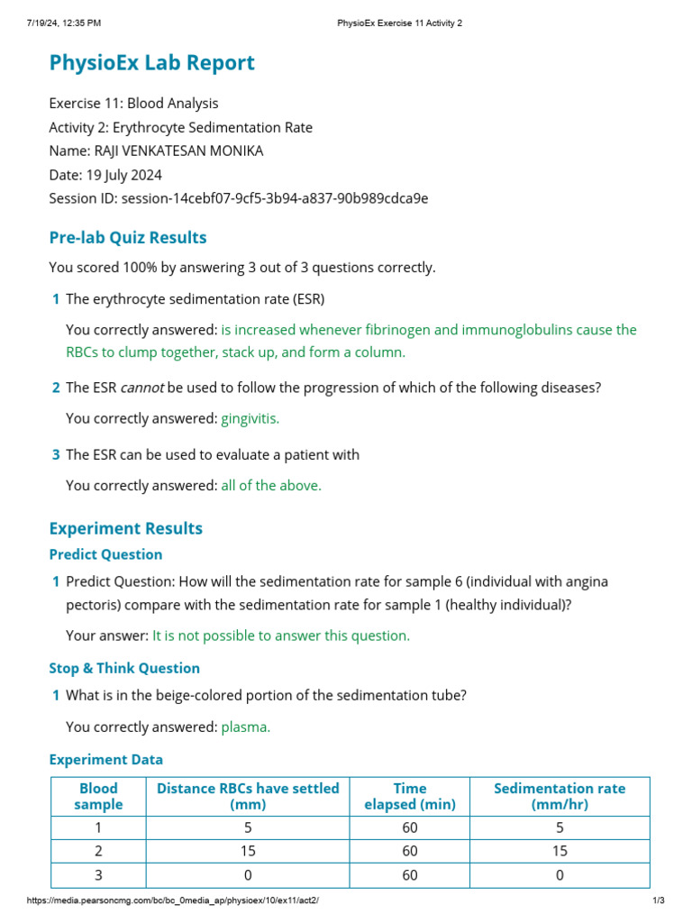 PhysioEx Exercise 11 Activity 2 | PDF