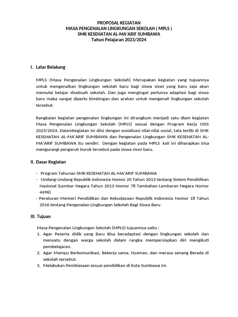 Proposal Kegiatan MPLS 2023 | PDF