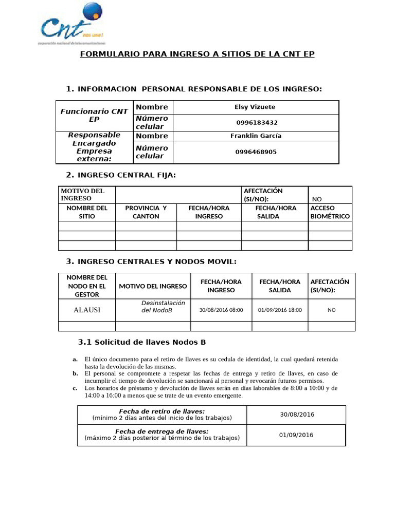 Formulario Ingreso CNT Desinstalacion Nodob Alausi | PDF