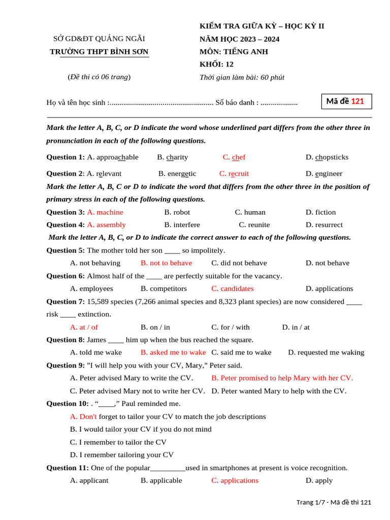 ĐỀ GK HK2 LOP 12 KEY 24 | PDF