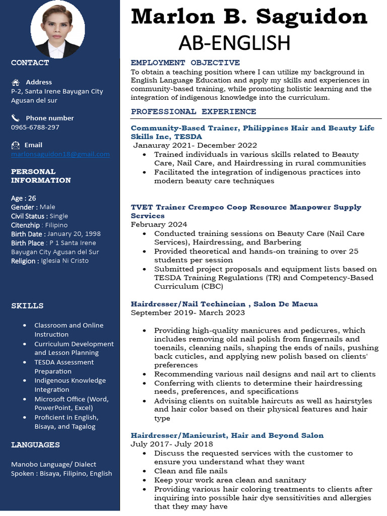 CV - Marlon Batutay Saguidon | PDF | Hairstyle | Hairdresser