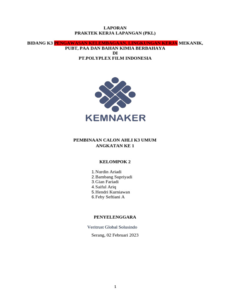 Laporan PKL Calon Ahli K3 Umum Kemnaker Ri | PDF | Teknologi & Rekayasa