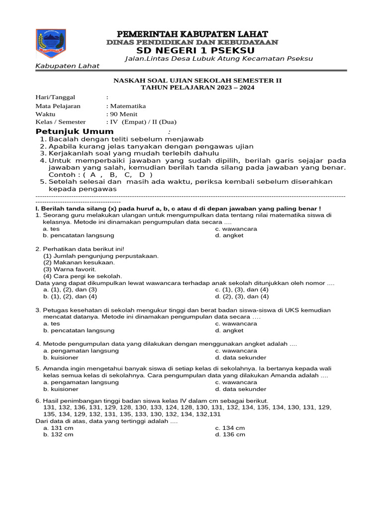 Soal PAT MTK Kls 4 Semester II | PDF