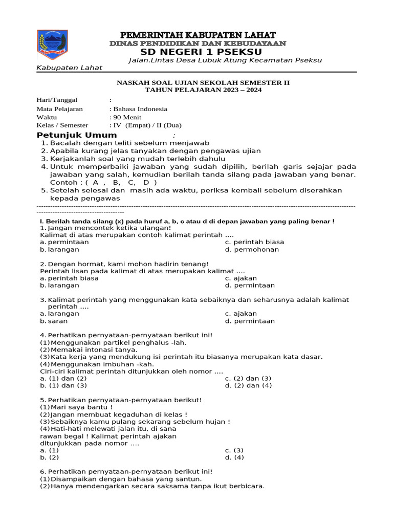 Soal PAT B.Indo Kls 4 Semester II | PDF